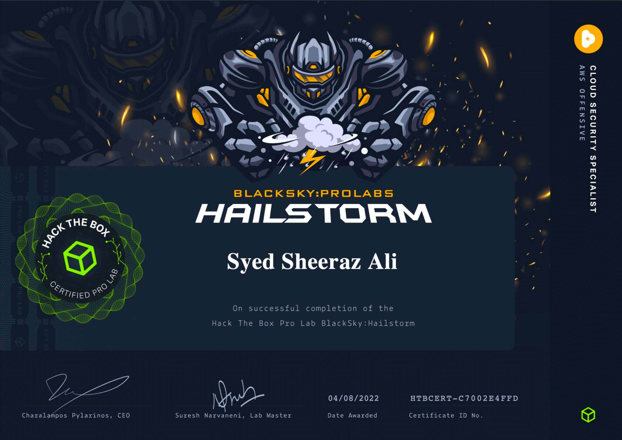 Completed Hailstorm AWS lab On Hack The Box - Sheeraz ali